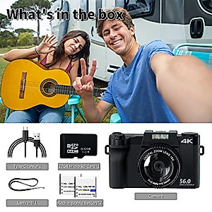 4K Digital Camera for Photography NIKICAM 56MP Vlogging Camera for YouTube with Manualfocus, Point and Shoot Camera with 16X Digital Zoom(Include 32GB TF Card & 2 Rechargeable Batteries) -Black3