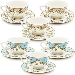 Set of 6 Vintage Floral Tea Cups and Saucers for Tea Party Supplies (Blue, Pink, 8oz)
