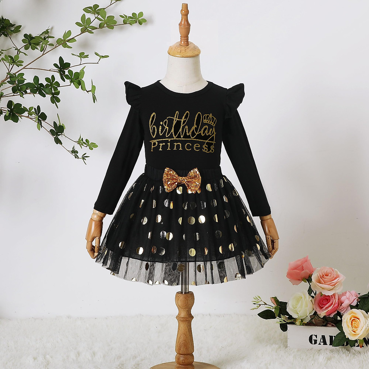 LYSMuch Toddler Kids Baby Girl's Birthday Outfits Princess Vest Sleeveless Shirt Mesh Tutu Skirt Set (Black Birthday Princess Long sleeve,7-8 Years)