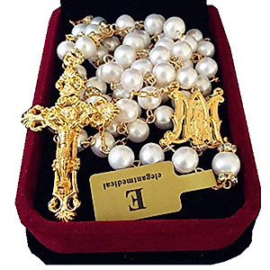 elegantmedical HANDMADE CATHOLIC GLOD 8MM REAL PEARL PEARL BEADS NECKLACE 5 DECADE ROSARY & CROSS CRUCIFIX BOX