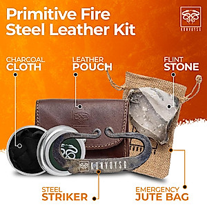 KonvoySG Carbon Steel Fire Striker, English Flint Stone & Char Cloth Traditional Hand Forged Fire Starter, Leather Gift Kit with Emergency Tinder Jute Bag (Cognac)