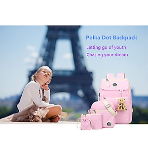 Polka-Dot Girls Backpack-Combo Pink School-Bag Elementary Canvas Bookbag