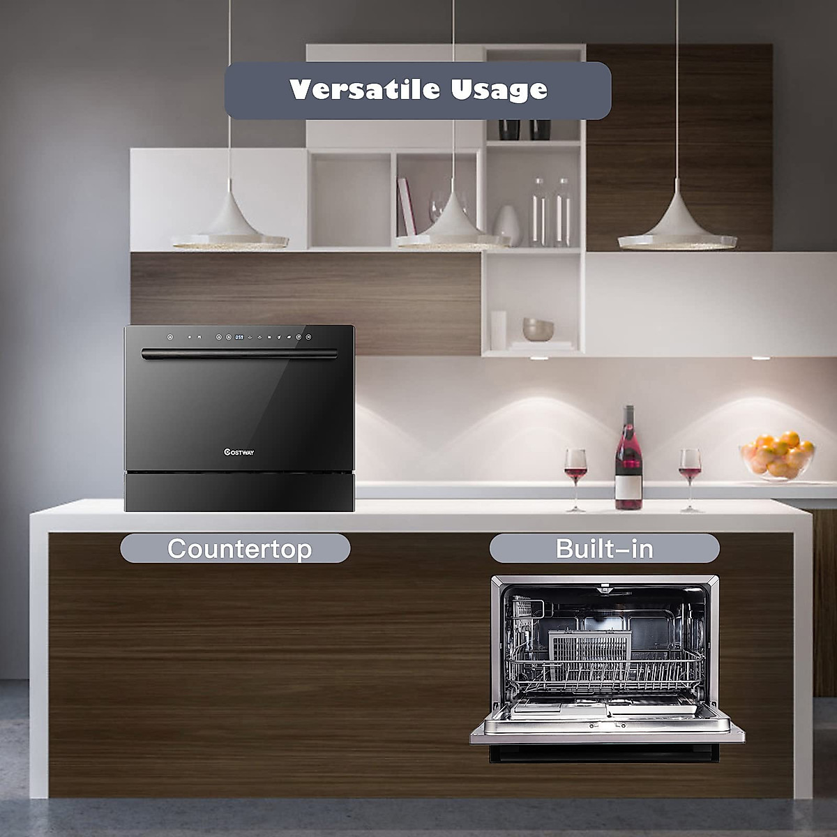 COSTWAY Countertop Dishwasher, 6 Place Settings Built-in Dishwasher with 72 H Preserve, Air Dry Function, LED Touch Control, 5 Washing Programs, Dish Washer for Apartments, Dorms, RVs (with doorknob)