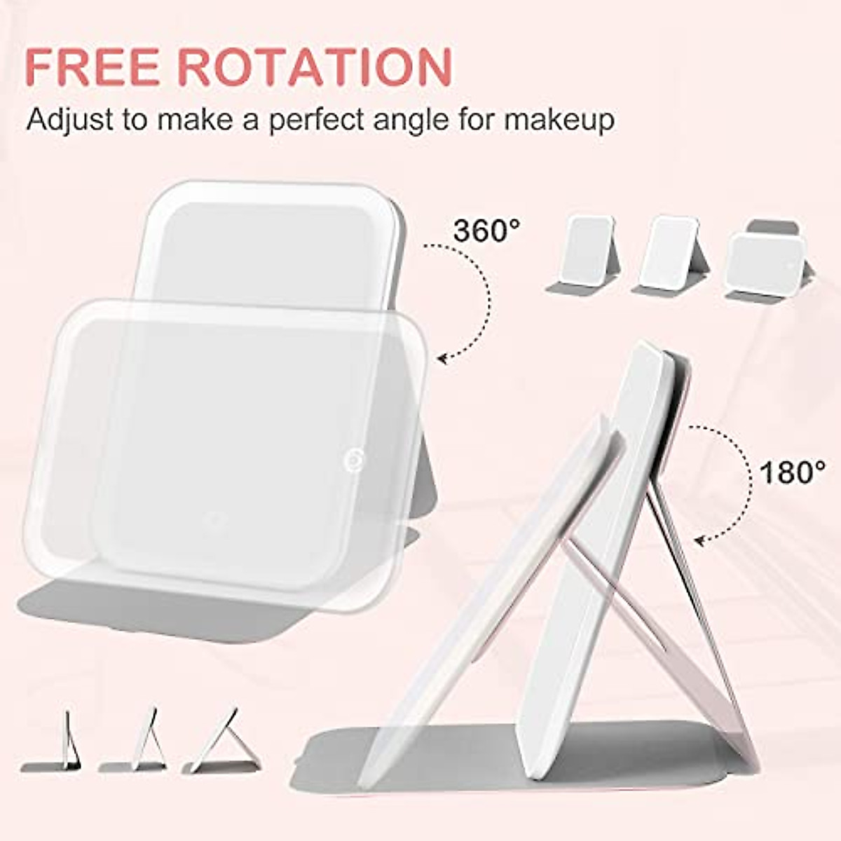 Luminar bowo Vanity Tabletop Mount Mirror with Lights, Travel Makeup Mirror 360° Rotation Touch Screen 3 Colors Light Modes 72 LEDs USB Rechargeable, 1200mA 5.5x8-Inch Desk Compact Mirror Pink