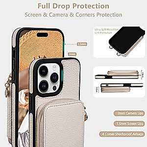 Keallce Case for iPhone 14 Pro Max 6.7'' Wallet Case, Crossbody Zipper Handbag with RFID Blocking 10 Card Slot Kickstand, Detachable Shoulder & Wrist Strap Protective Cover for iPhone 14 Pro Max,Beige