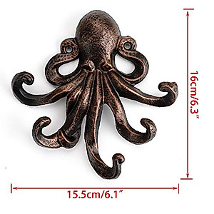 Sumnacon 6 Inch Cast Iron Octopus Decorative Coat Hook - Wall Mounted Nautical Hand Towel Rack Holder with Screws, Rustic Metal Clothing Hanger for Bedroom/Bathroom/Kitchen/Balcony, Red Bronze