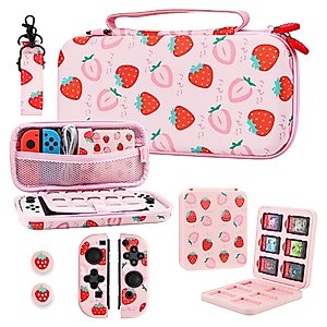 RHOTALL Cute Carrying Case for Nintendo Switch & Switch OLED Cover, Hard Portable Travel Case for Switch Accessories with Game Case, 2 Joy Con Shell, Shoulder Strap, and 2 Thumb Caps - Pink Strawberry