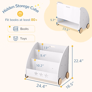 Curipeer Kids Bookshelf and Storage, Nursery Wooden Book Shelf for Kids with Wheels, 3-Tier Baby Bookshelf Display Organizer Gift, Children Bookcase in Playroom, Nursery, Bedroom, White