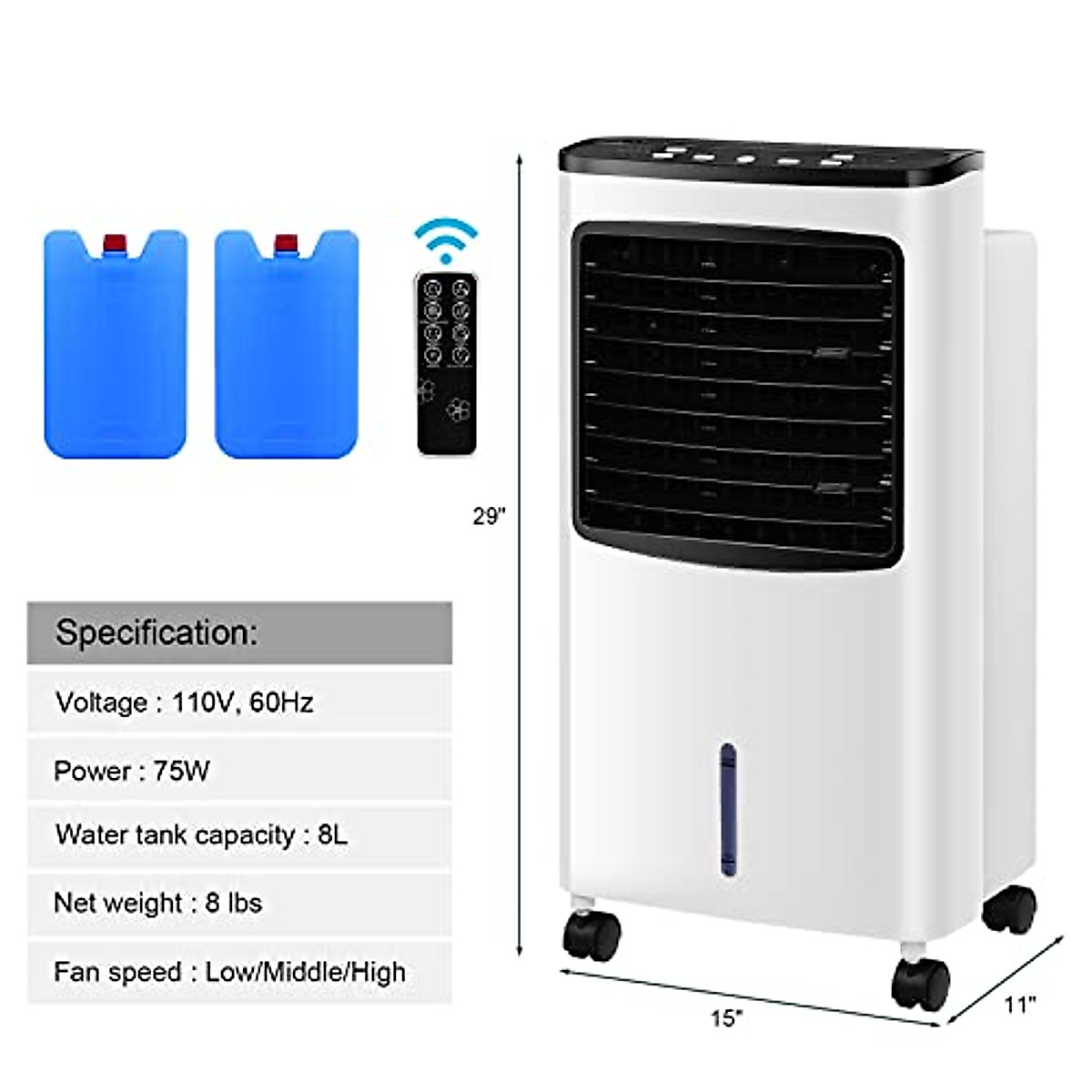 PETSITE Portable Evaporative Air Cooler, 3-in-1 Oscillation Cooling Fan with Remote Control, 2 Ice Packs, Humidifying, 3 Speeds, 7.5H Timer, Personal Swamp Cooler for Bedroom Home Office Garage