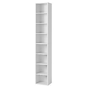 Bamjoy 71 Inches Tall Narrow Bookshelf, 8-Tier CD DVD Slim Media Tower Rack, Corner Bookcase with Adjustable Shelves, Skinny Cubes Bookshelves for Home Office Small Space, White