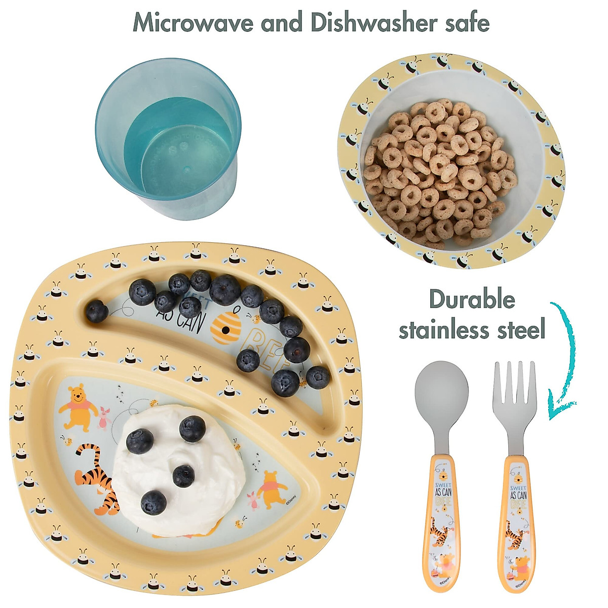 The First Years Disney Winnie the Pooh Toddler Dinnerware Set - Includes Toddler Bowl, Toddler Plate, Fork, Spoon and Toddler Cup - Baby and Toddler Feeding Essentials - 5 Count