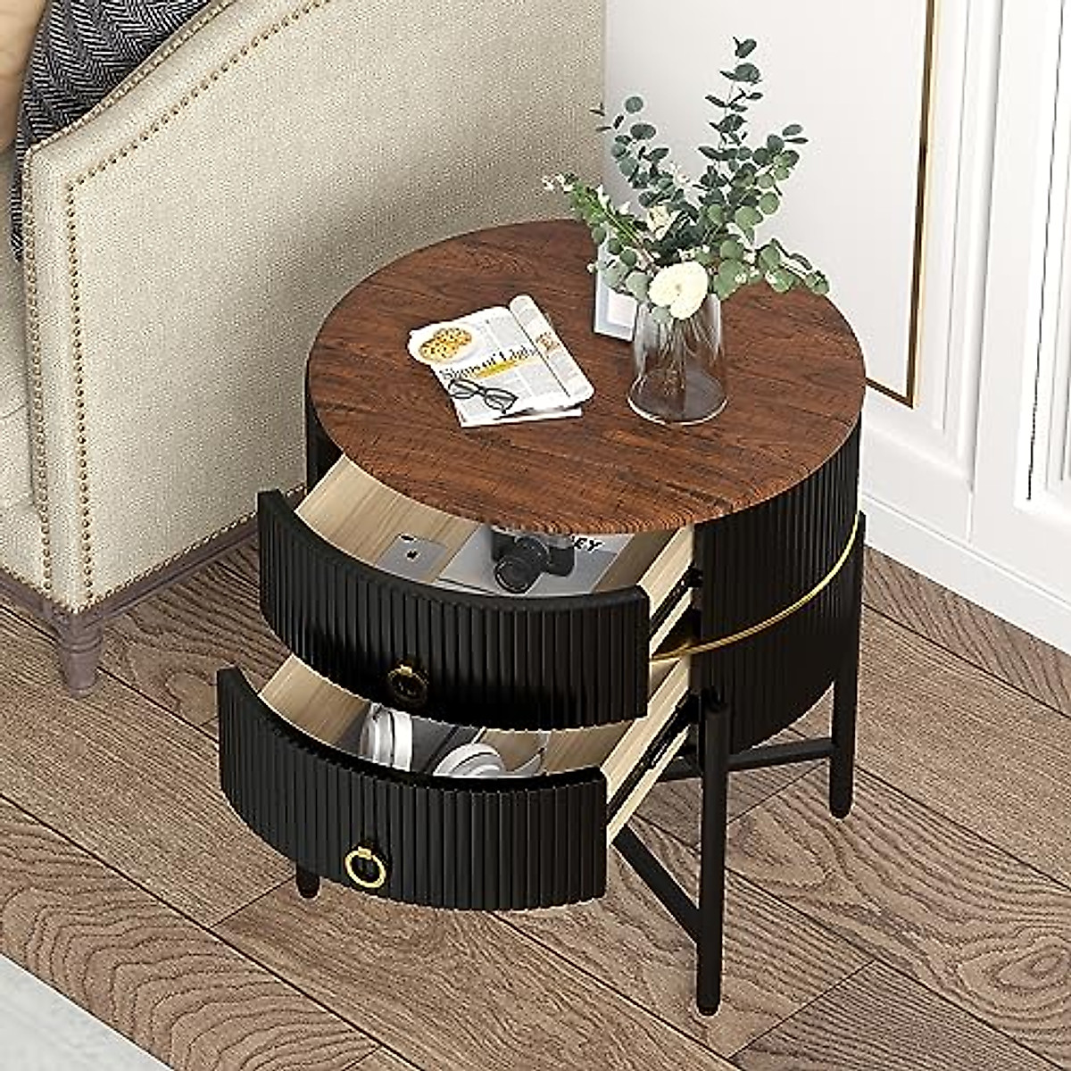 O&K FURNITURE Black Round Side Table for Living Room, Modern End Table with 2 Drawers, Metal Legs Nightstand for Bedroom, Black & Brown