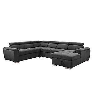 RENDGO 125" U Shaped Sectional Sofa with Pull-Out Bed, Sofa Bed with Adjustable Headrests Storage Chaise, Upholstered Oversized Sectional Sleeper Couch with Ottoman for Living Room,Dark Grey