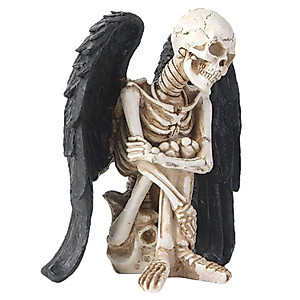 VOSAREA Resin Skeletons Statue Skull Collectible Figurine with Black Angle Wings Resin Figures Decoration for Home Shelves Porch Yard Garden Fireplace Mantle