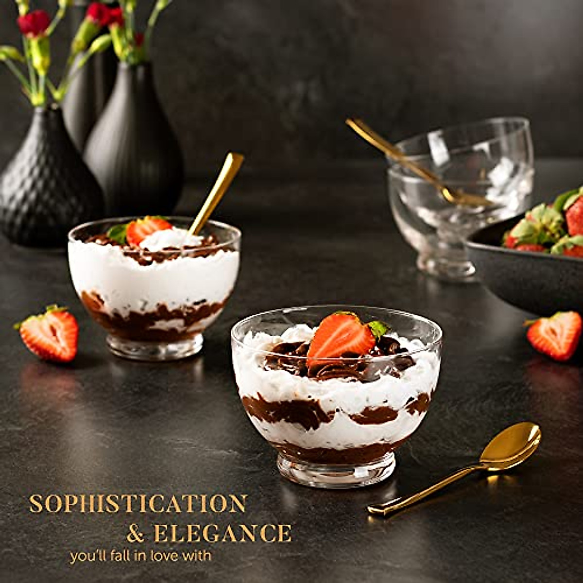 Hand Blown Glass Dessert Bowls – Set Of 4 Crystal Dessert Cups and Gold-Plated Spoons – Lead-free Ice Cream Bowls for Appetizers, Condiments and Cocktails by Lumi & Numi, 12 oz.