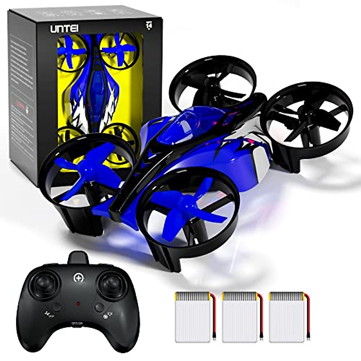 UNTEI 2 In 1 Mini Drone for Kids Remote Control Drone with Land Mode or Fly Mode, LED Lights,Auto Hovering, 3D Flip,Headless Mode and 3 Batteries,Toys Gifts for Boys Girls (Blue)