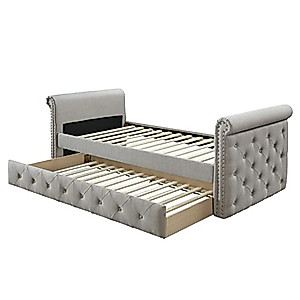 DG Casa Hesdin Daybed with Trundle Platform Bed Frame with Button Tufting Nailhead Trim andFull Wooden Slats, Box Spring Not Required - Traditional Upholstered Twin Size Day Bed in GreyFaux Velvet