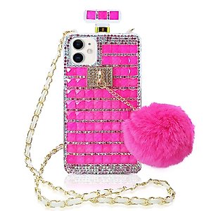 Losin Perfume Case Compatible with iPhone 12 6.1 inch Luxury Bling Diamond Rhinestone Bow Perfume Bottle Furry Plush Ball Bling Glitter Gemstone Soft TPU Back Case with Lanyard