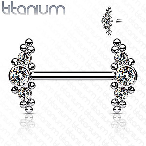 Dynamique Implant Grade Titanium Nipple Barbells With Bezel Set CZ and Micro Ball Cluster Internally Threaded Ends (Sold Per Pair Or Per Piece)