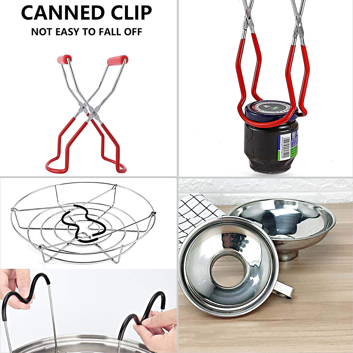 Kalolary Canning Rack, 3PCS Canning Kit Jar Tongs Stainless Steel Canning Funnel Jar Lifter Canning Rack with Silicone Handle Heat-resistant Kitchen Canning Supplies(Jars Not Included)