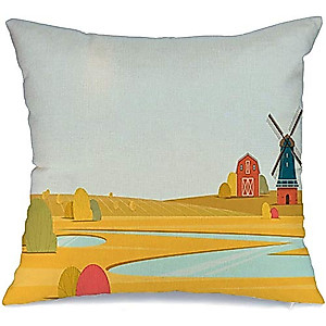 Decorative Linen Throw Pillow Cover Cushion Case Grain Wind Rural Design Summer with Farm Land Landscape Harvest Village Old Windmill Parks Outdoor Farmhouse Pillowcase for Car Couch 20x20 Inch