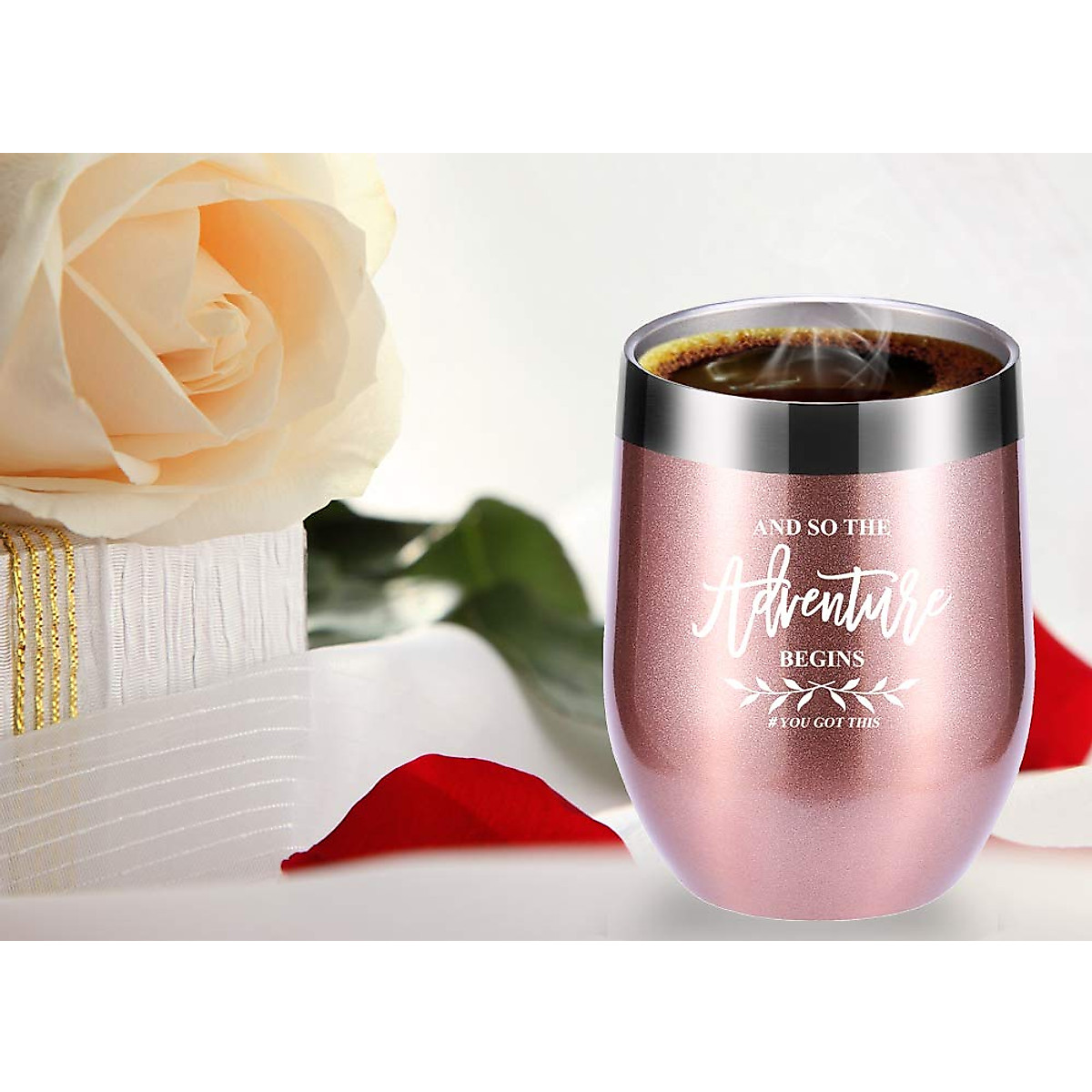 momocici And So The Adventure Begins Wine Tumbler.Graduation,Promotion,Going Away,New Journey,Job Change Gifts for Daughter,Granddaughter,BFF,Best Friends,Women Mug(Rose Gold)
