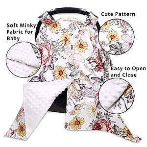 Floral Baby Car Seat Canopy Soft Minky Plush Dotted Backing Baby Car Seat Cover Girls,Floral Baby Poncho for Girls, Toddler Minky Wear Hooded Warm Winter Outerwear Capes Poncho Coat With Zipper