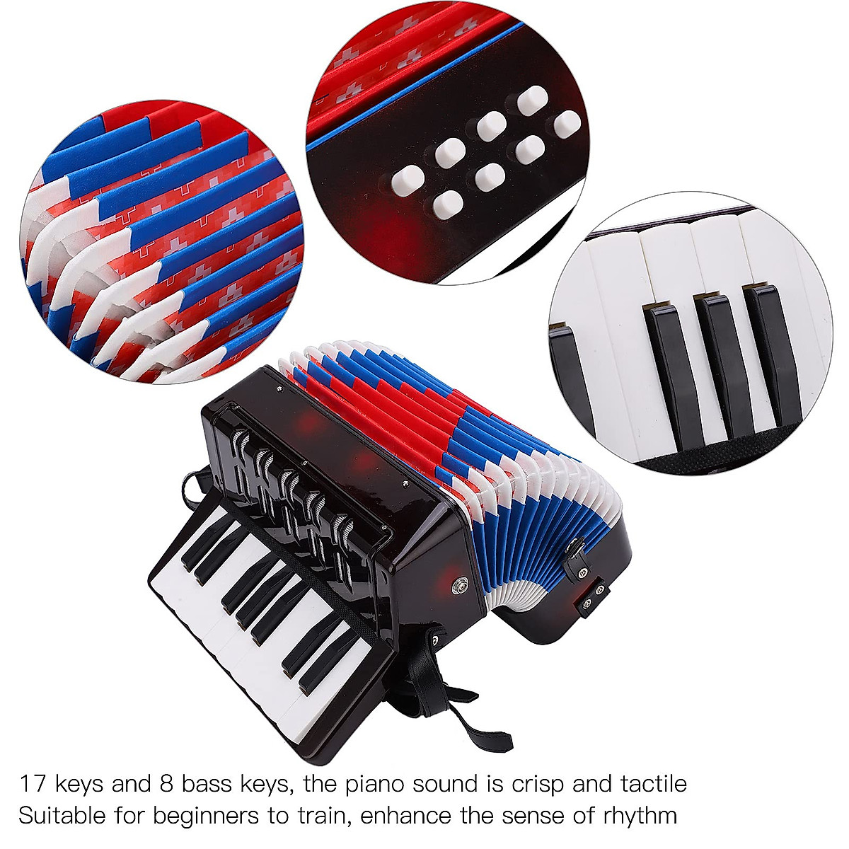 Accordion 17 Key Piano Accordion 8 Bass with Straps Beginner Educational Accordion Musical Instrument Hand Keyboard Rhythm Training Spring Instrument for Beginner