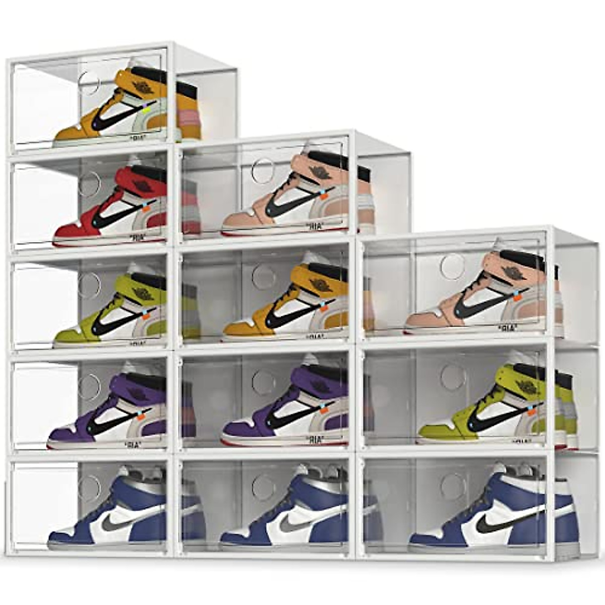 SEE SPRING 12 Pack Medium + 12 Pack X-large Shoe Storage Box, Clear Plastic Stackable Shoe Organizer for Closet, Space Saving Foldable Shoe Containers Bins Holders (Black Clear)