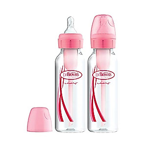 Dr. Brown's Natural Flow Anti-Colic Options+ Narrow Baby Bottles, 8oz/250mL, with Level 1 Slow Flow Nipples, 2-Pack, Pink, 0m+