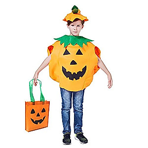 Halloween Kids Pumpkin Costume, 3 PCS Pumpkin Cosplay Set For Boys Girls Included Pumpkin Tote Bag（9.8 x 11.8 inch)