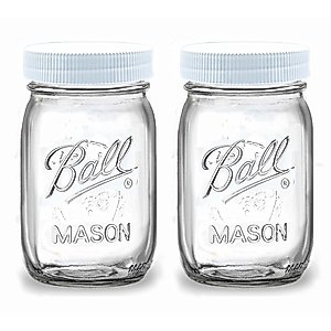 Regular Mouth Mason Jars 16 oz - (2 Pack) - Ball Regular Mouth 16-Ounces Pint Mason Jars with White M.E.M Food Storage Plastic Lids - For Storage, Freezing - Leak Proof, Microwave & Diswasher Safe