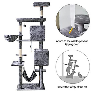 YARUOMY Cat Tree 71.6 inches Cat Tower for Indoor Cats, Multi-Level Cat Condo Furniture with Scratching Posts, Plush Perches, Activity Center with Cozy Basket & Hammock for Large Cats,Light Gray