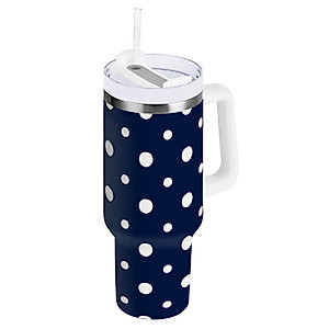 RPLIFE Navy Blue Polka Dots Stainless Steel Mug, Insulated Water Bottle with Straw, Tumbler for Men