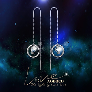 AOBOCO Sterling Silver Planet Galaxy Star Dangle Drop Earrings, Hypoallergenic Threader Earrings, Simulated Aquamarine Birthstone Crystal from Austria, Anniversary Birthday