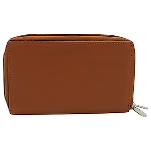 MARSHAL Genuine Leather Womens RFID Blocking Security Double Zip-around Indexer Phone Wallet (Tan)