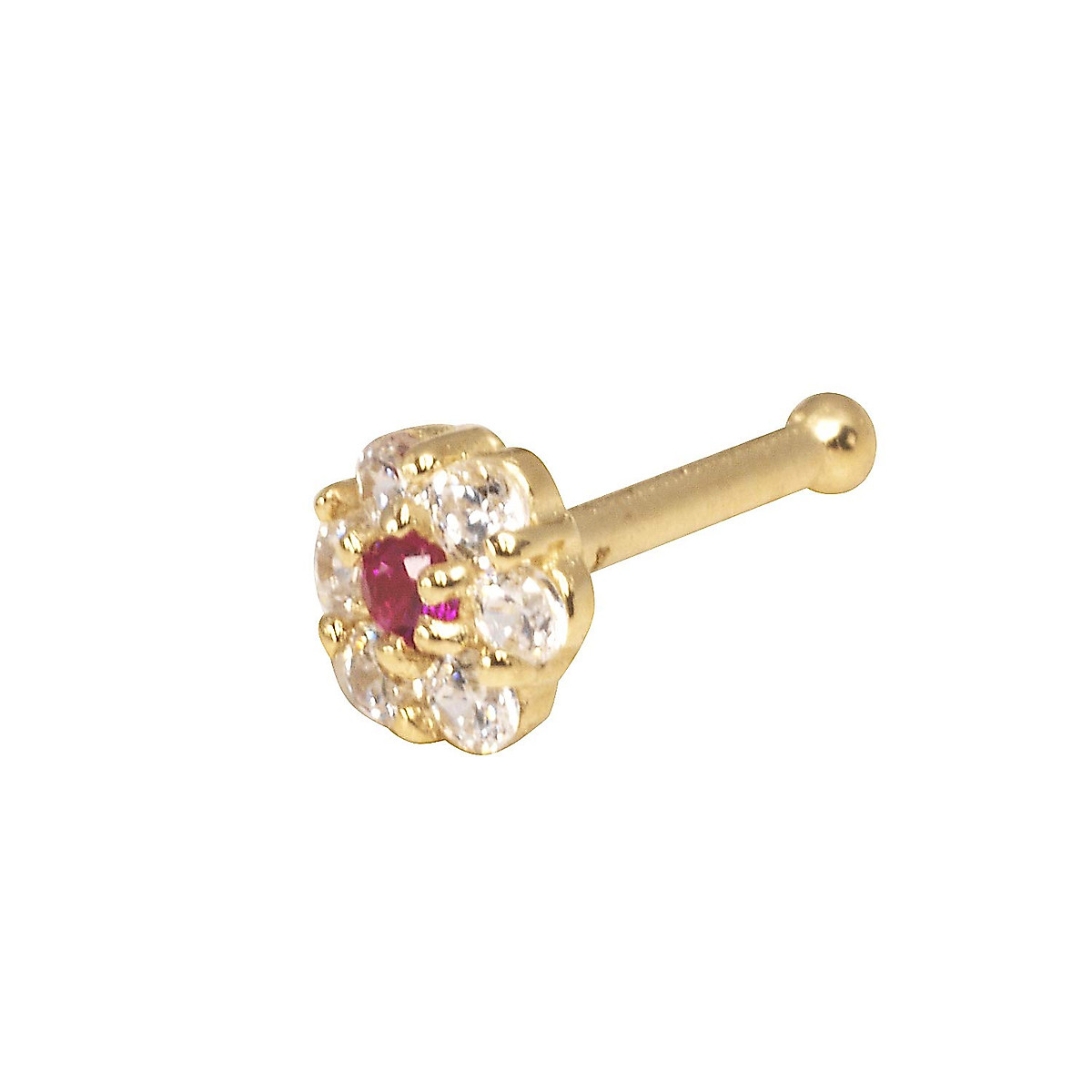 14k Yellow Gold Red CZ Cubic Zirconia Simulated Diamond Flower Body Piercing Jewelry Nose Stud Jewelry for Women