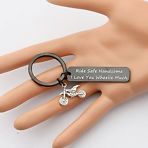 BLEOUK Dirt Bike Driver Boyfriend Husband Gift Ride Safe I Love You Wheelie Much Motorcycle Keychain for Him (RIDE WHEELIE black)