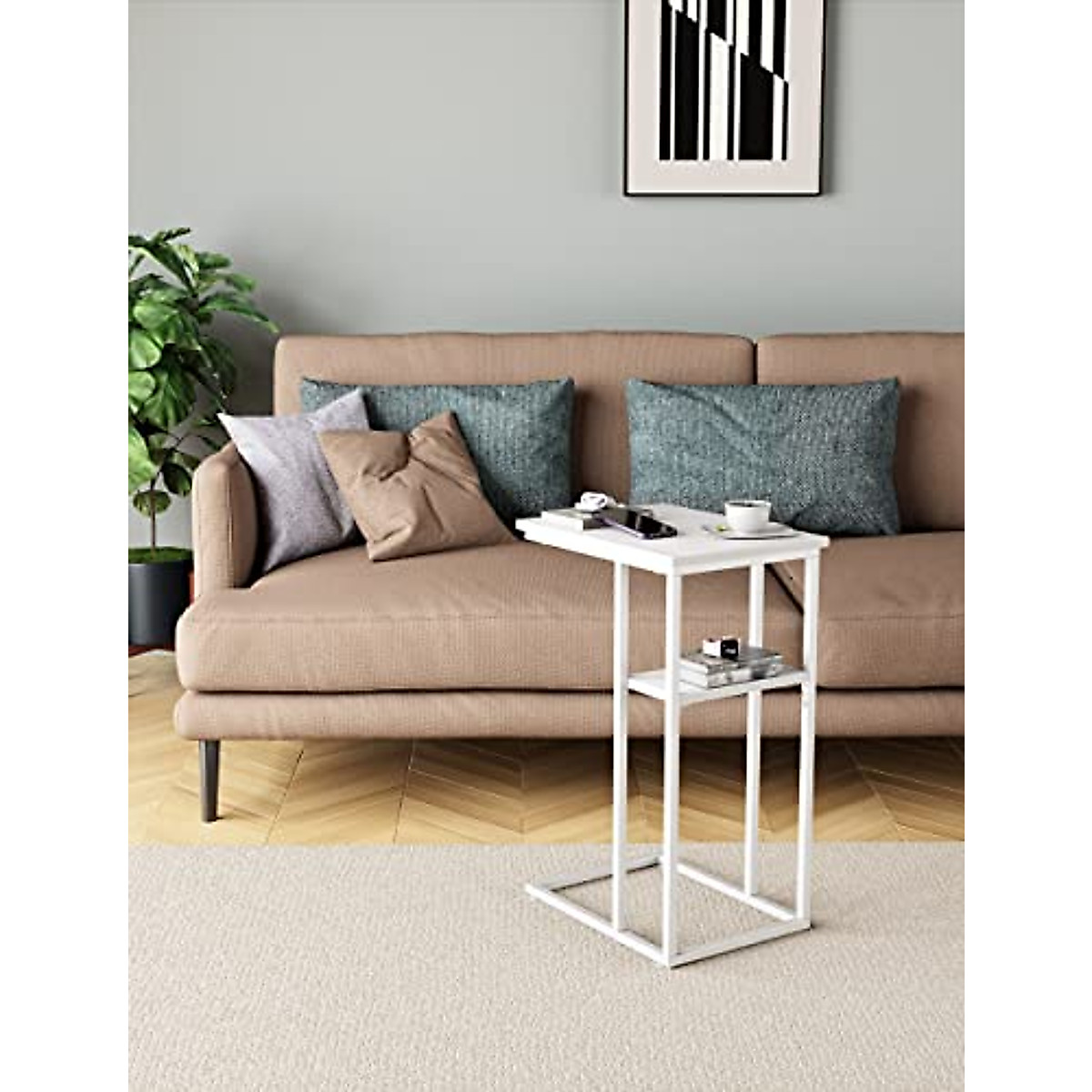 Innerjoin C Shaped End Table, Side Table with Metal Frame, TV Tray Table for Couch, Sofa Table for Living Room Bedroom, Bedside, Rustic Vintage Style, White