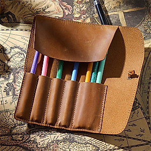 AIGUONIU Vintage Genuine Leather Pencil Roll - Pencil Storage Case/Pouch Organizer Handmade (Brown)