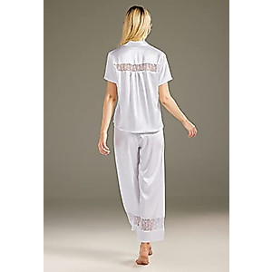 AW BRIDAL 2Pcs Sexy Womens Pajama Sets - Short Sleeve Silk Pajamas Long Pj Pants With Lace, Button Up Pajamas For Women, White, S| Clever Bridal Shower Gifts Bachelorette Gifts For Bride Pajamas