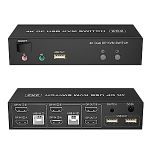 KVM Switch Dual Monitor DisplayPort 4K@60Hz Extended Display, Displayport 1.2 KVM Switch 2 in 2 Out with Audio Microphone Output and 3 USB 2.0 Hub 2 Monitors 2 Computers kvm Switch