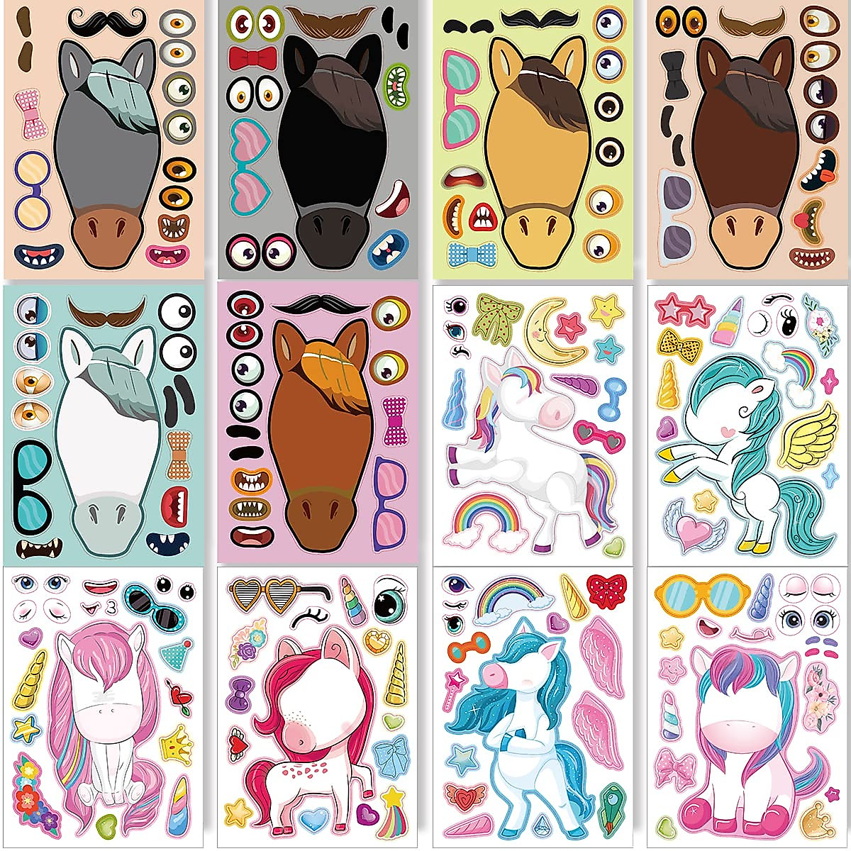 24 Sheets 8.27''×5.9'' Make Your Own Stickers for Kids Toddlers, Make a Face Stickers Mix and Match with Unicorns Dinosaur Horse and Sea Animals for Kids Party Favors Activities
