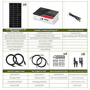 HQST 400 Watt Solar Panel Kit, 4 PCS 9BB Cell Monocrystalline Solar Panels with 12V/24V 40A MPPT Solar Charge Controller, Adaptor Kit, Tray Cables, Mounting Z Brackets for RV, Roof, Boat, Off-Grid
