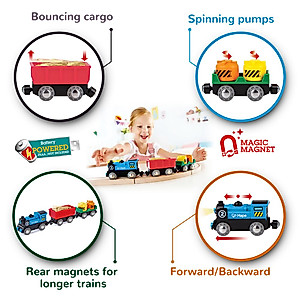 Hape Battery Powered Engine Set | Colorful Wooden Train Set, Battery Operated Locomotive with Working Lamp