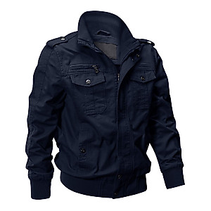 EKLENTSON Men's Cotton Collar Casual Button Military Cargo Jacket Outwear Winter Coat Men Army Jacket Blue