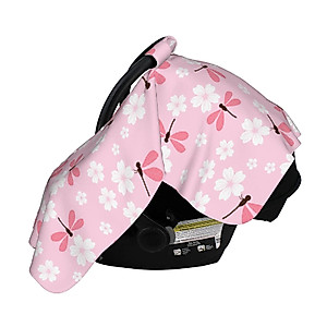 KiuLoam White Flower and Dragonflies On Pink Baby Car Seat Canopy, Nursing Cover for Mom Breastfeeding Scarf, Infant Car Seat Cover/Multiuse Baby Stroller Covers for Babies Boys Girls