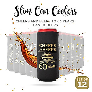 Cheers and Beers to 60 Years Can Coolers, 60th Birthday Party Coolies, Set of 12, Black and Gold Can Coolers, Perfect for Birthday Parties, Birthday Decorations