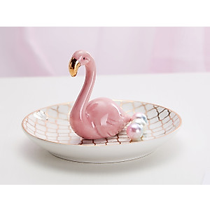 Luxury Porcelain Adorable Flamingos Jewelry Ring Holder - Ceramic Display - Rack Jewelry Dish Organizer – Perfect for Hold Rings - Chain Bracelets Earrings Trays Dish, Grid Disk-Pink
