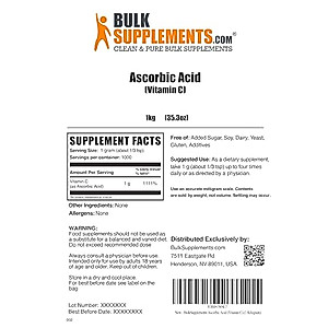 BulkSupplements.com Ascorbic Acid Powder - Vitamin C Supplement, Ascorbic Acid Food Grade - Powdered Vitamin C, Immune Support - Gluten Free, 1g per Serving, 1kg (2.2 lbs) (Pack of 1)